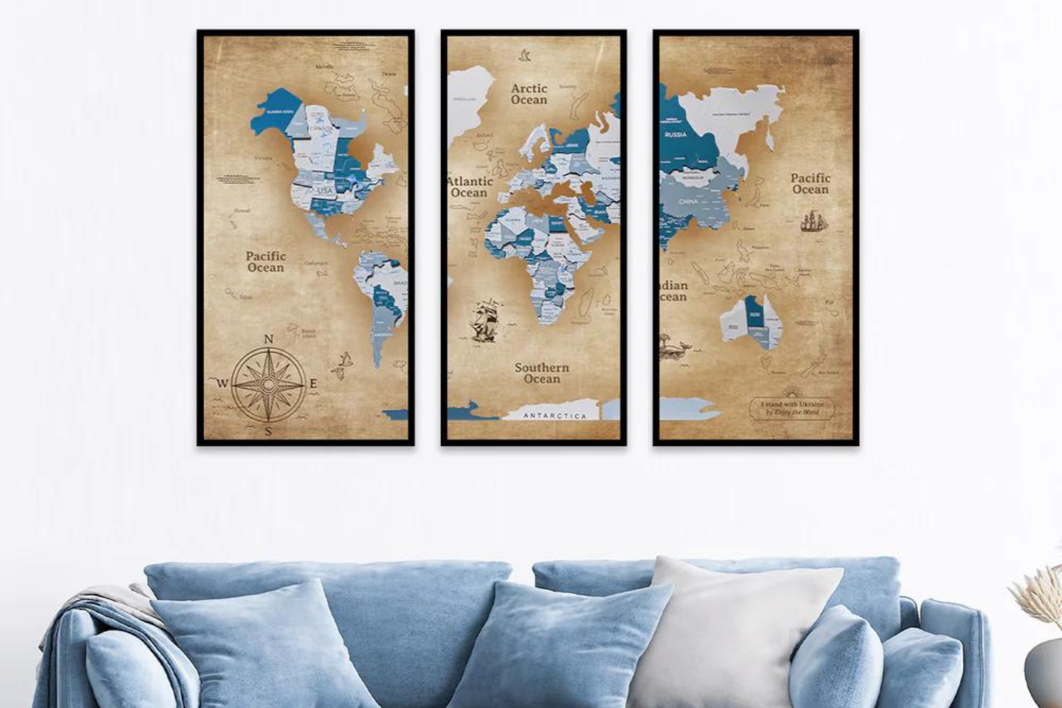 3D-Holz-Triptychon-Weltkarte Aqua