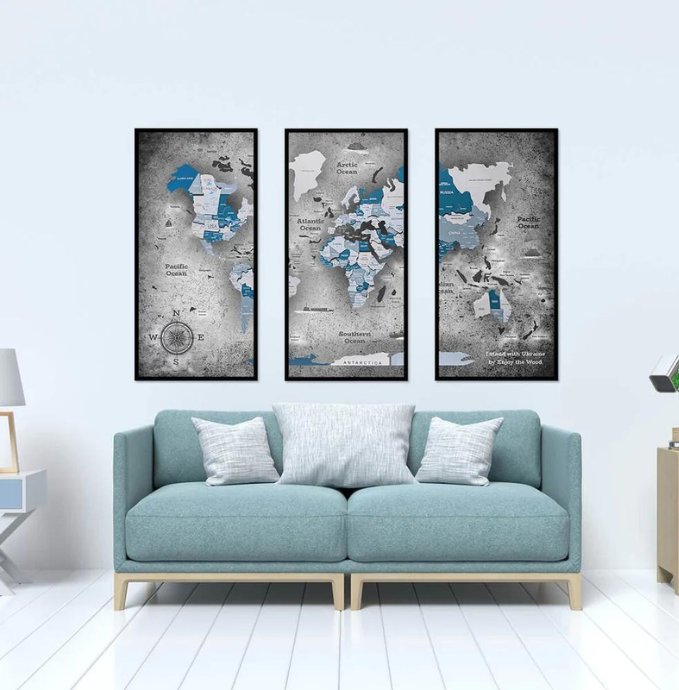 3D-Holz-Triptychon-Weltkarte Aqua