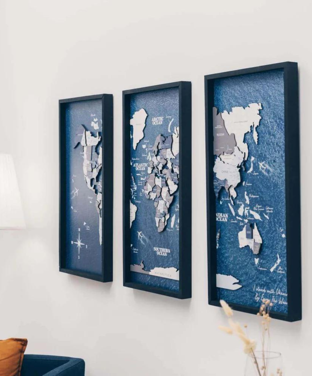 3D-Holz-Triptychon-Weltkarte Aqua