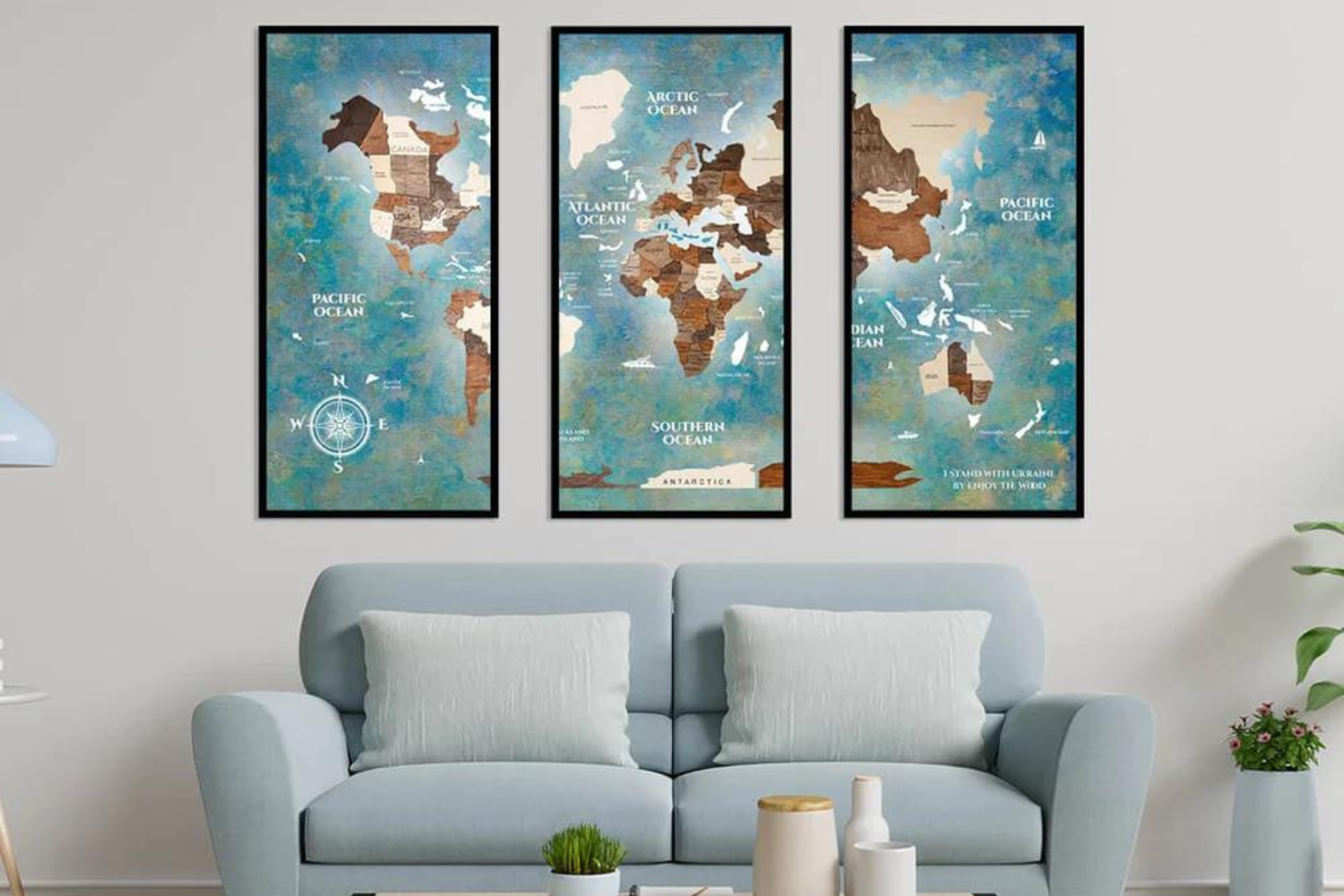 3D-Holz-Triptychon-Weltkarte Multicolor