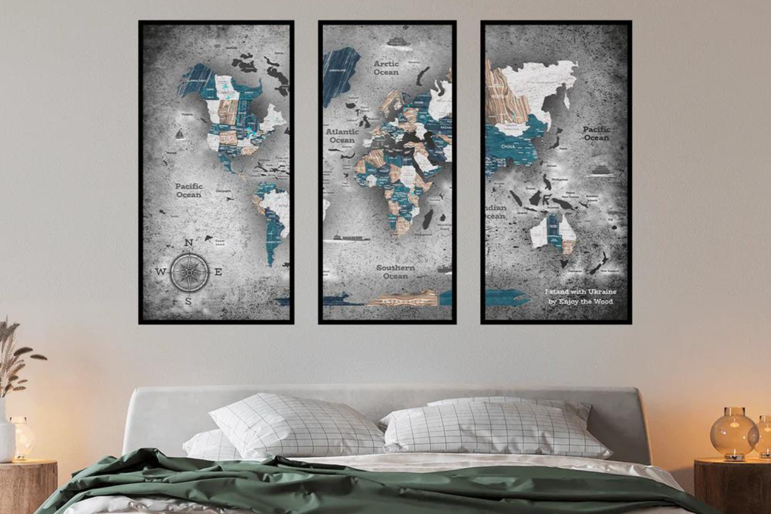 3D-Holz-Triptychon-Weltkarte Mystery